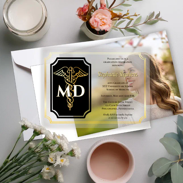 Elegant Black | Gold Physician MD Graduation Party Vellum Invitations ...