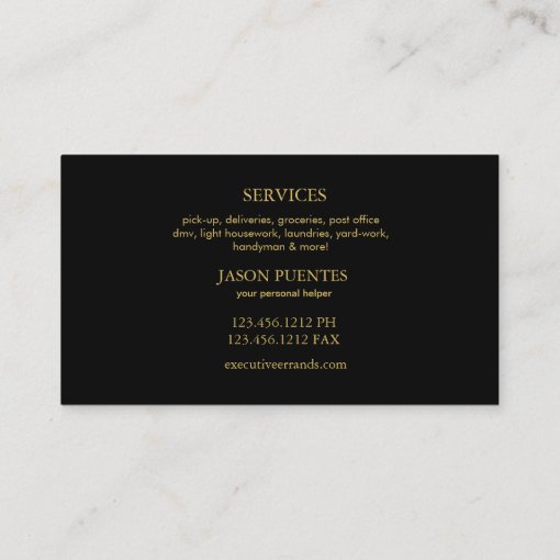 Elegant Black & Gold Professional Errand Service Business Card | Zazzle
