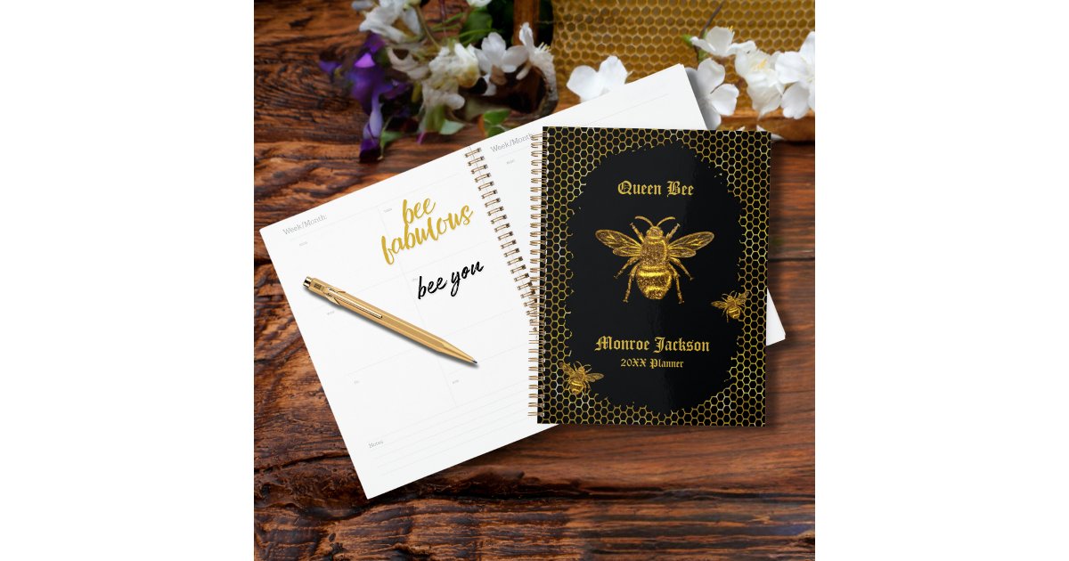 Elegant Black Gold Queen Bee Beehive Planner | Zazzle