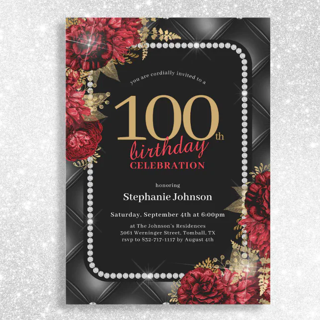 Elegant Black Gold Red Floral 100th Birthday Party Invitation | Zazzle