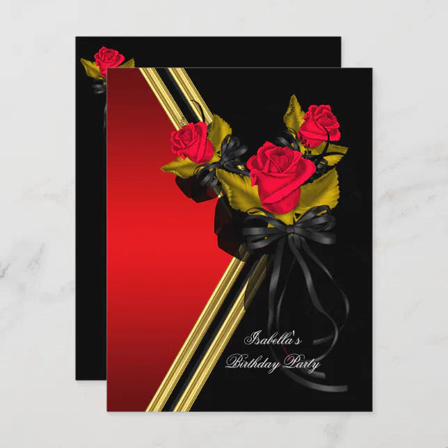 Elegant Black Gold Red Roses Birthday Party Invitation | Zazzle