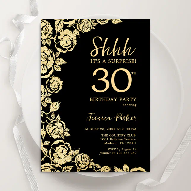 Elegant Black Gold Roses Surprise 30th Birthday Invitation Zazzle