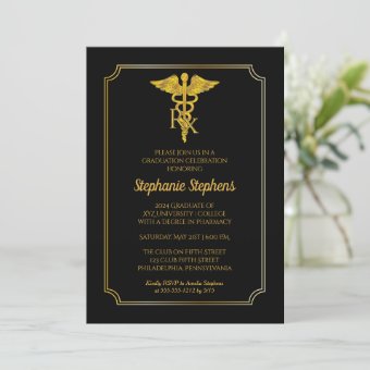 Elegant Black | Gold Rx Pharmacy Graduation Party Invitation | Zazzle