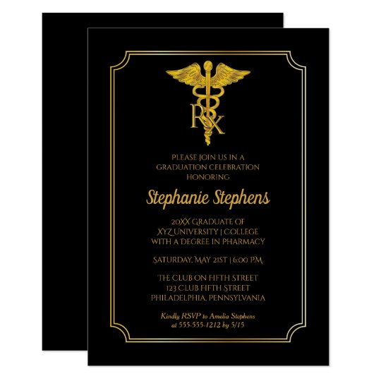 Elegant Black | Gold Rx Pharmacy Graduation Party Invitation | Zazzle.com