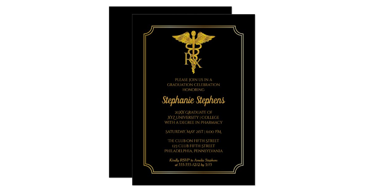 Elegant Black | Gold Rx Pharmacy Graduation Party Invitation | Zazzle.com