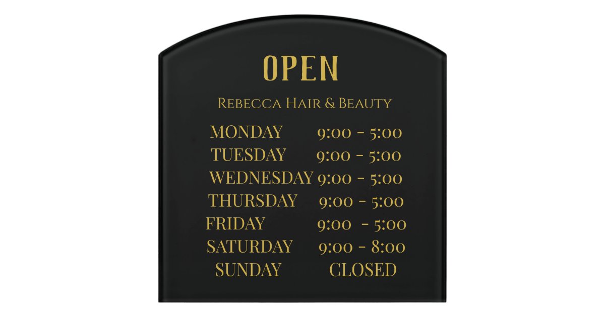 Elegant Black & Gold Salon Retail Open Store Hours Door Sign | Zazzle