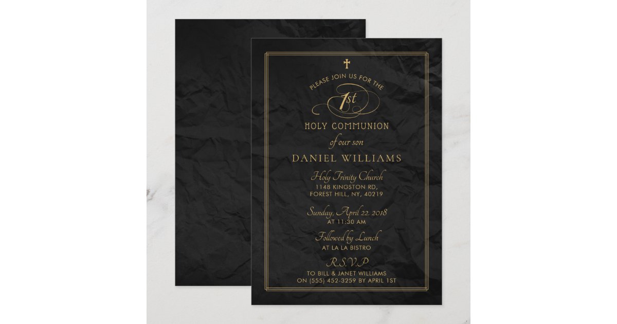 Elegant Black & Gold Script 1st Holy Communion Invitation | Zazzle