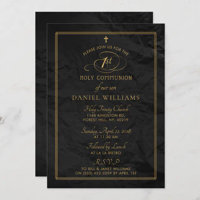 Elegant Black & Gold Script 1st Holy Communion Invitation | Zazzle