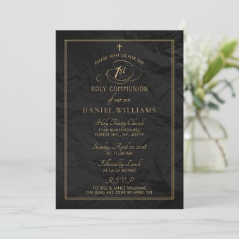 Elegant Black & Gold Script 1st Holy Communion Invitation | Zazzle