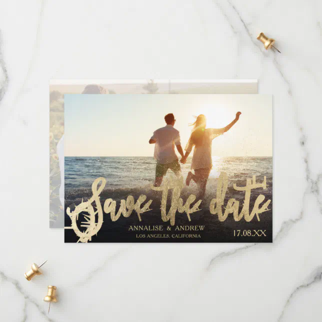 Elegant black gold script 2 photos save the date | Zazzle