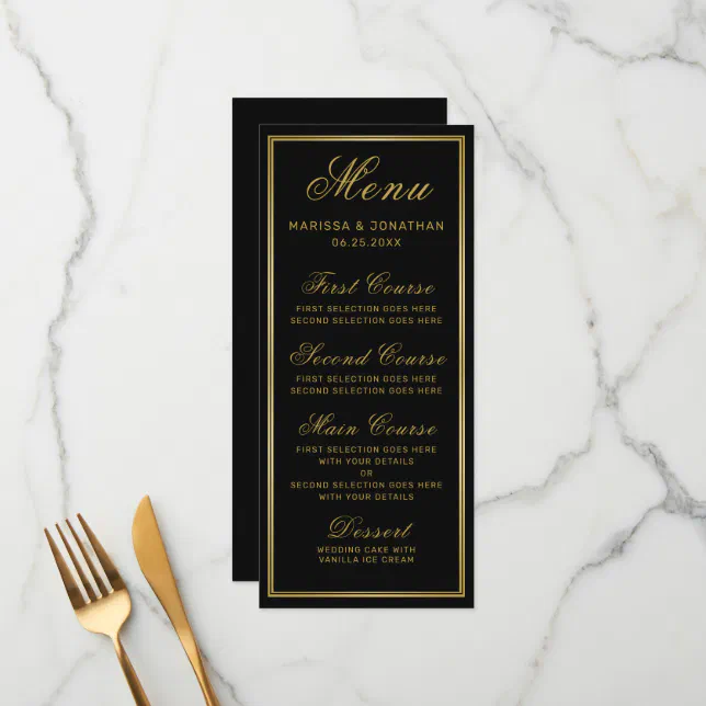 Elegant Black Gold Script Chic Wedding Menu | Zazzle