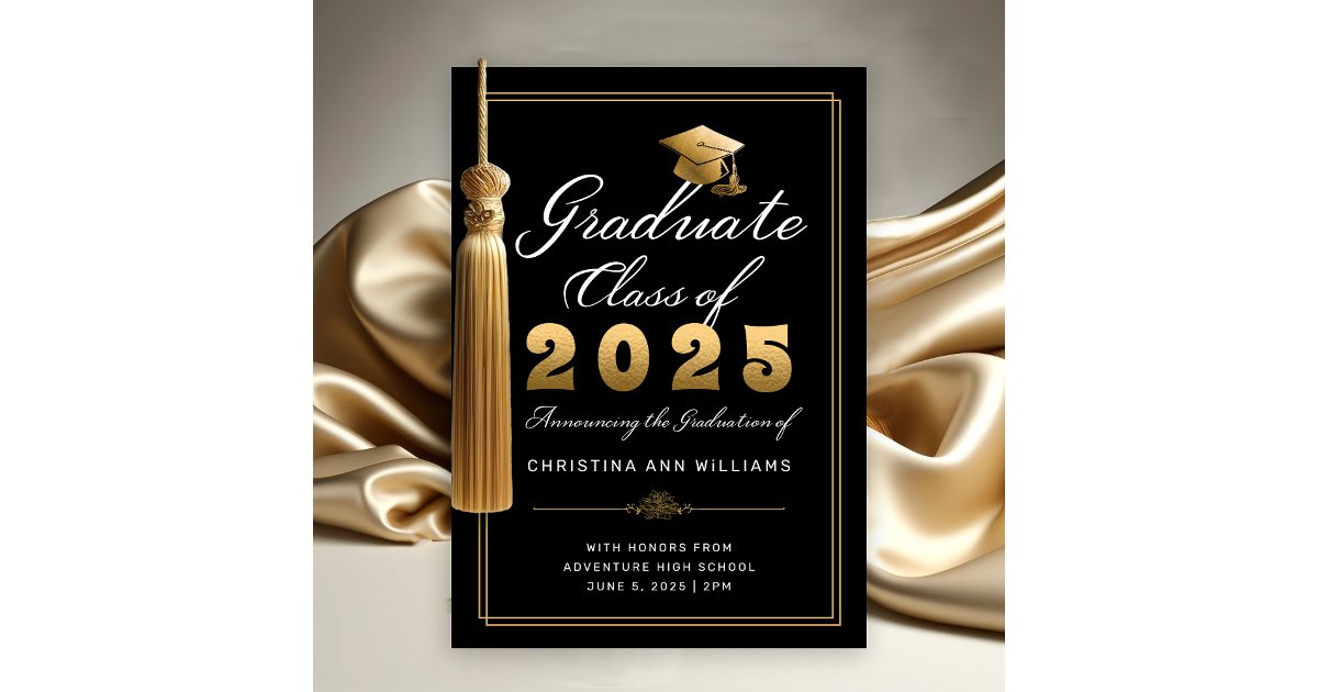 Elegant Black Gold Script Class of 2025 Graduation Announcement | Zazzle