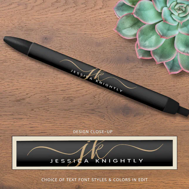 Elegant Black Gold Script Monogram Initials Name Pen | Zazzle