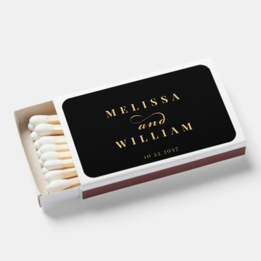Elegant Black Gold Script Wedding Matchboxes | Zazzle