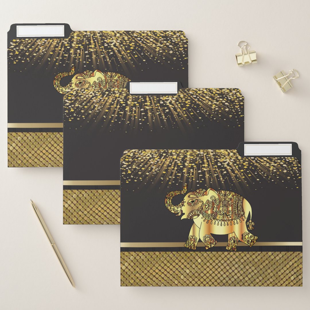 Elegant Black Gold Sequins,Gold Elephant File Folder | Zazzle
