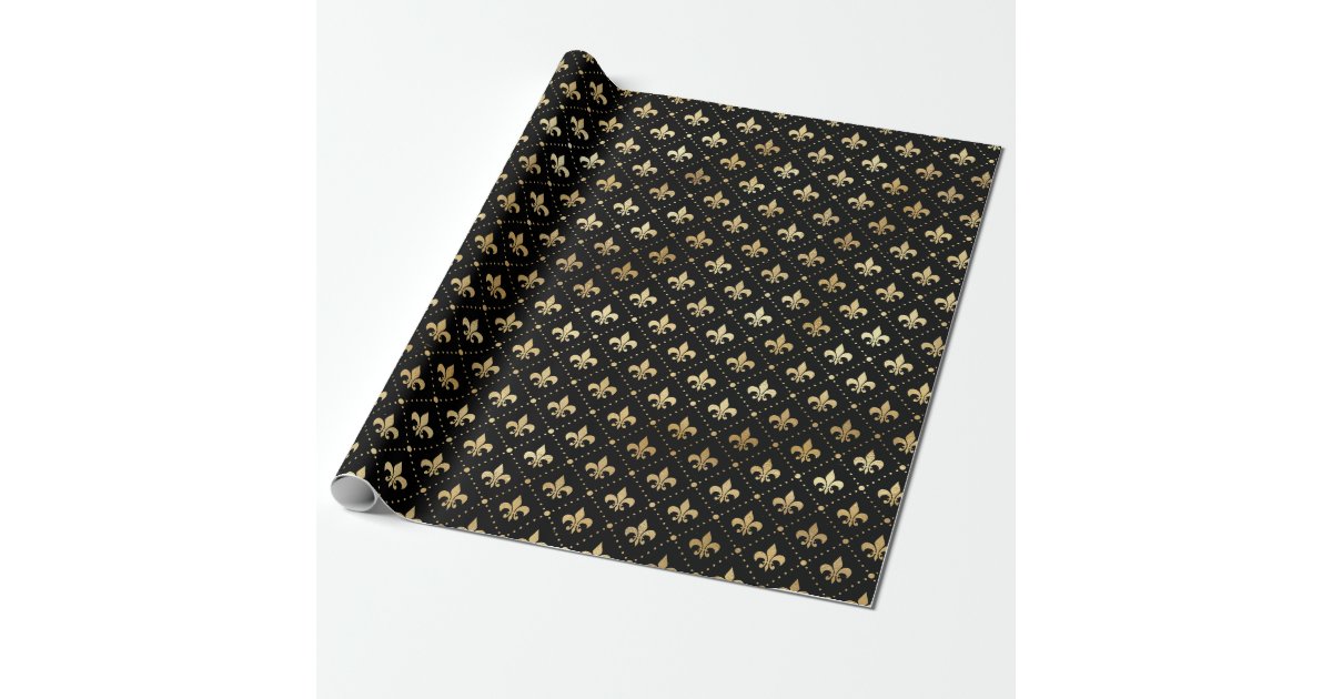 Elegant Black Gold Shimmer Fleur de Lis Birthday Wrapping Paper | Zazzle