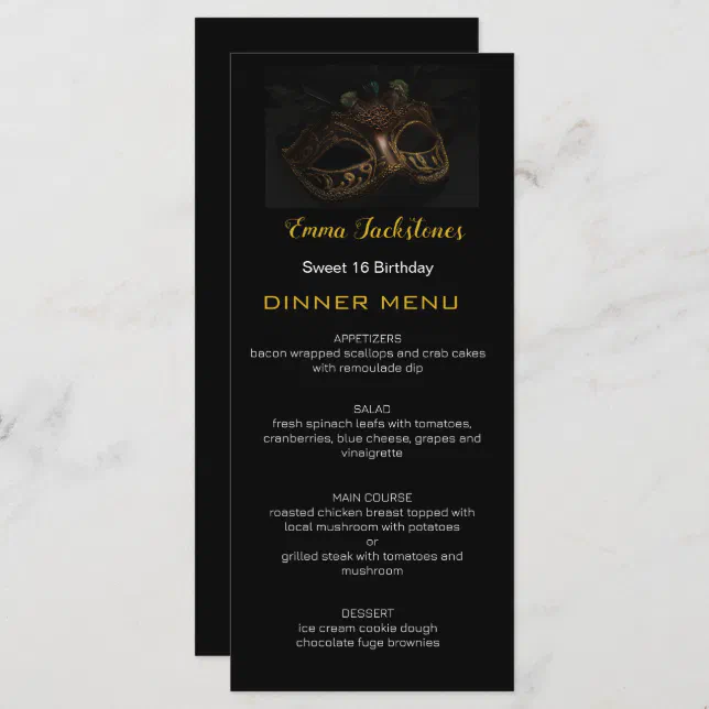 Elegant Black Gold Sweet 16 Masquerade Mask Menu | Zazzle