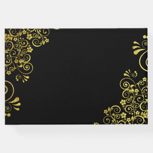 Elegant Black Gold Swirls Script Wedding Guest Book | Zazzle