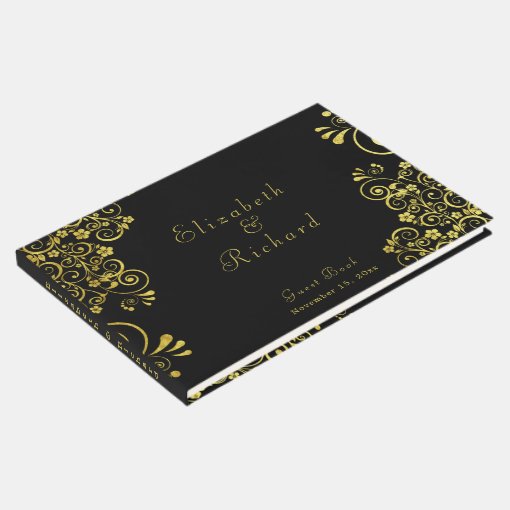 Elegant Black Gold Swirls Script Wedding Guest Book | Zazzle