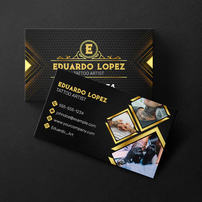 Elegant Black & Gold Tattoo Artist Salon Photo Business Card | Zazzle