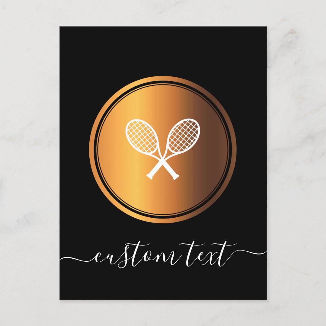 Elegant Black Gold Tennis Rackets Add Custom Text Postcard | Zazzle