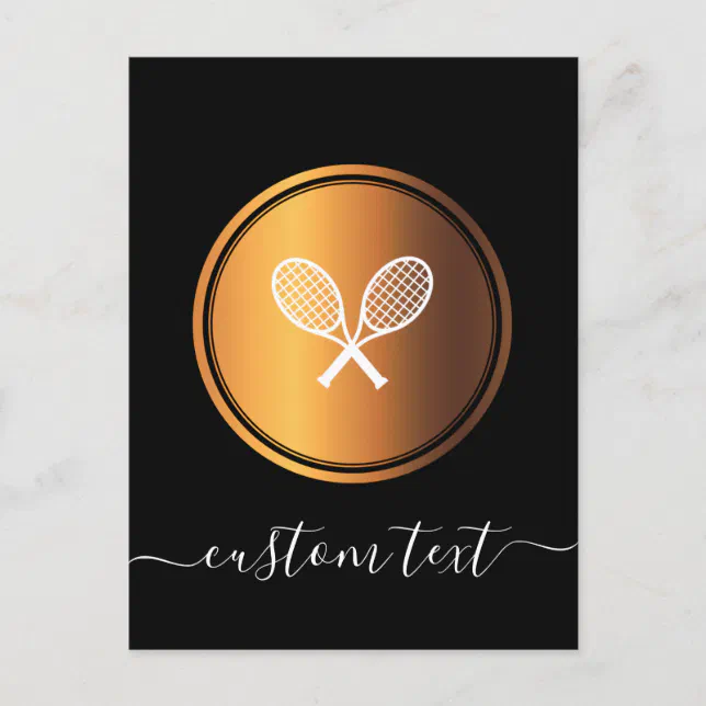Elegant Black Gold Tennis Rackets Add Custom Text Postcard | Zazzle