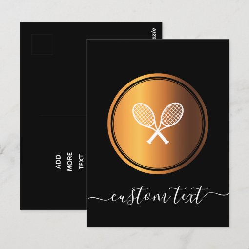 Elegant Black Gold Tennis Rackets Add Custom Text Postcard | Zazzle