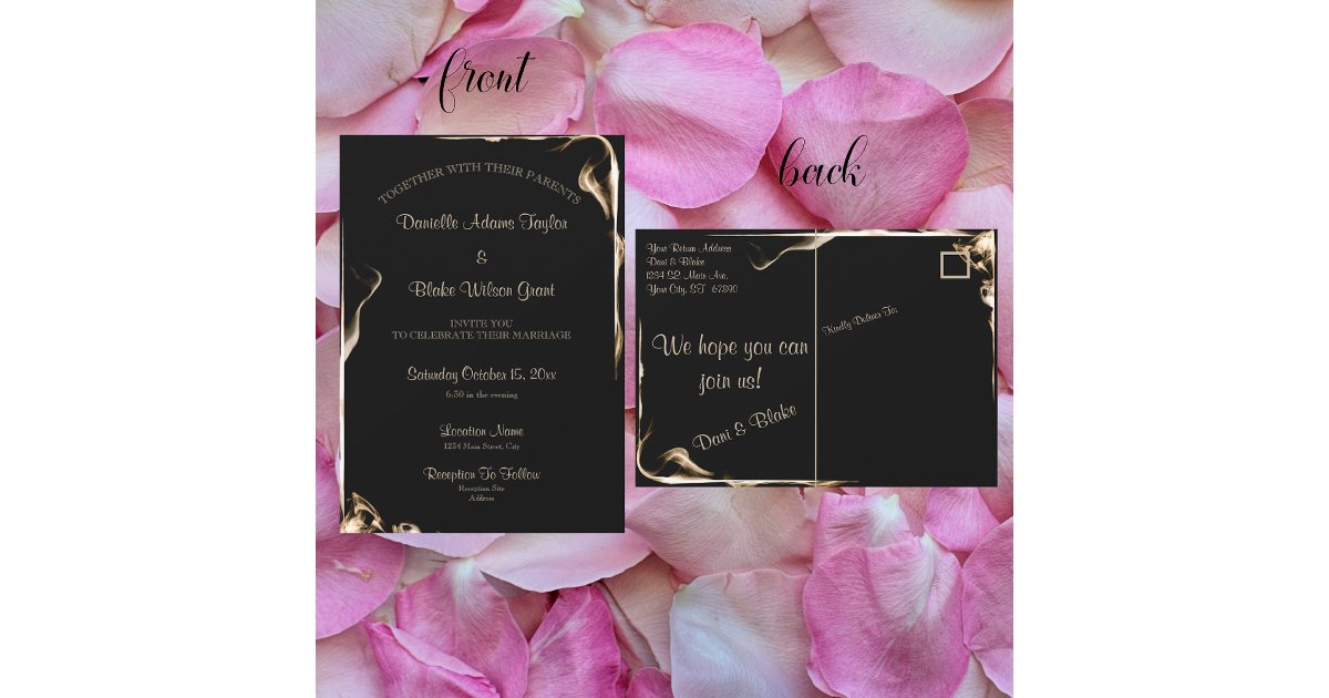 Elegant Black Gold Text Flames Wedding Invitation | Zazzle
