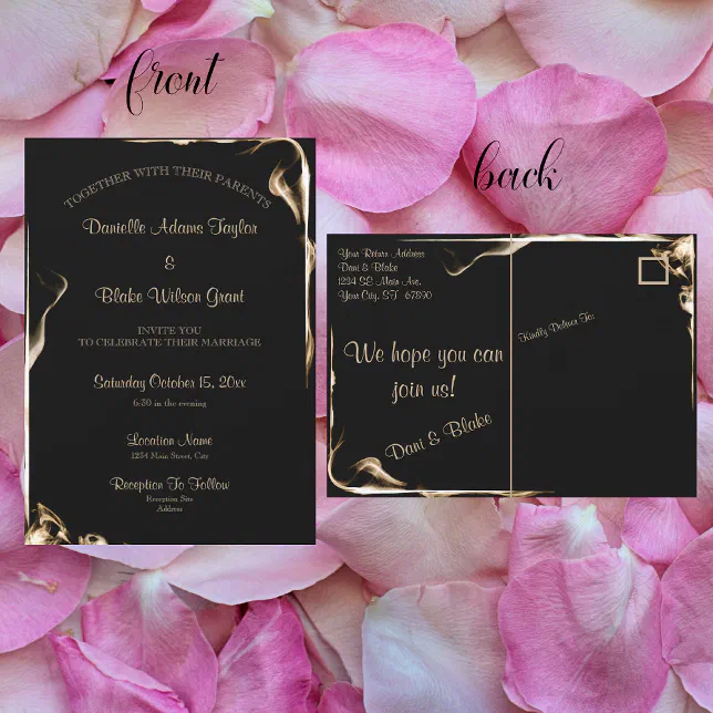 Elegant Black Gold Text Flames Wedding Invitation | Zazzle