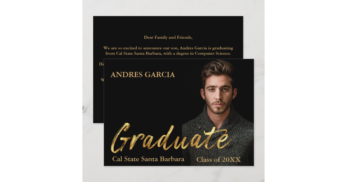 Elegant Black Gold Text Overlay Graduate Photo Announcement | Zazzle