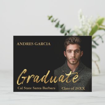 Elegant Black Gold Text Overlay Graduate Photo Announcement | Zazzle