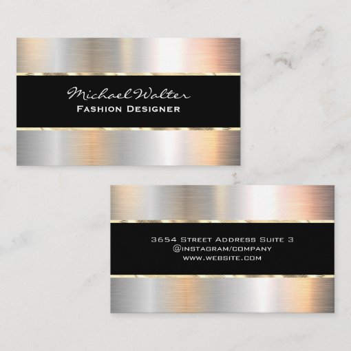 Elegant Black Gold Trim Silver Metallic Business Card | Zazzle