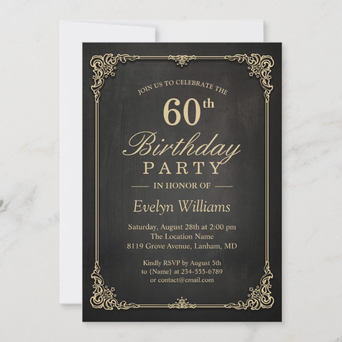 Elegant Black Gold Vintage Frame Birthday Party Invitation | Zazzle.com