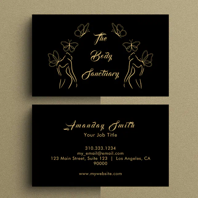 Elegant Black & Gold Women Body Care Wellness Business Card | Zazzle