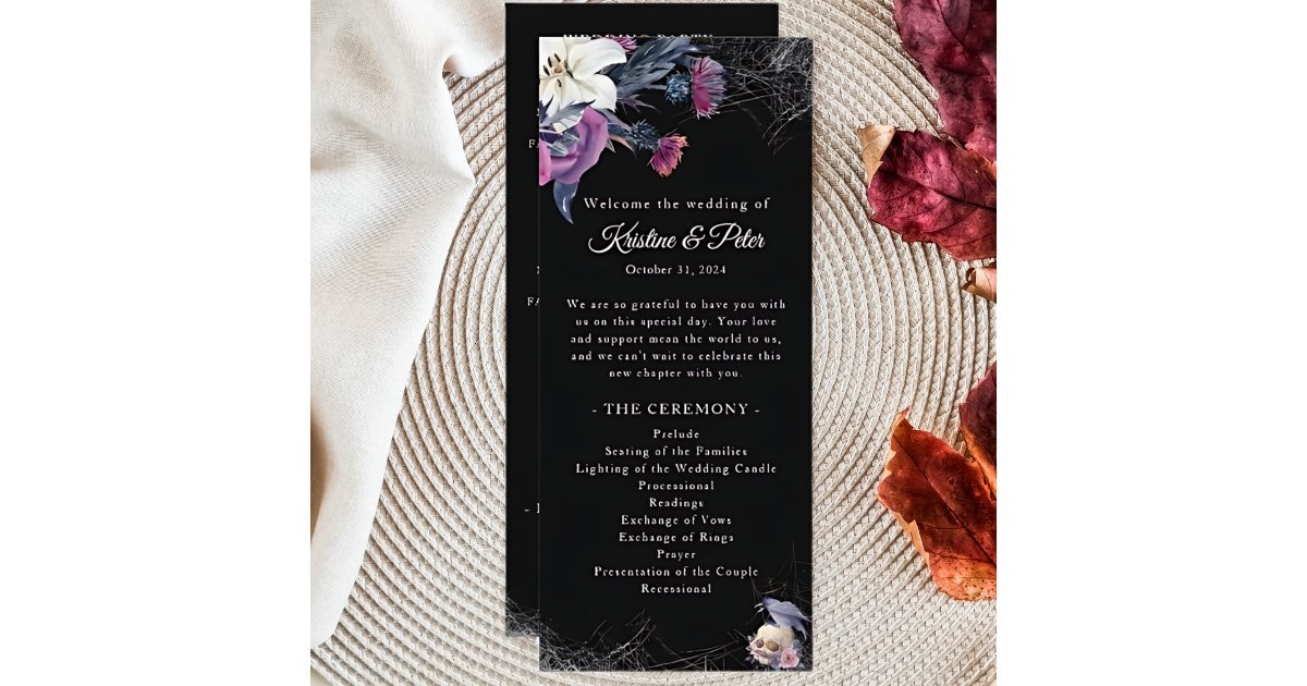 Elegant Black Gothic Floral Skull Wedding Program | Zazzle