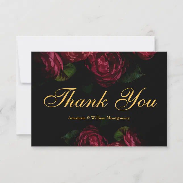 Elegant Black Gothic Floral Wedding Custom Name Thank You Card | Zazzle