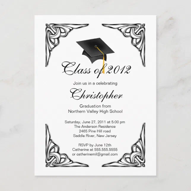 Elegant Black Grad Cap Graduation Party Invitation | Zazzle