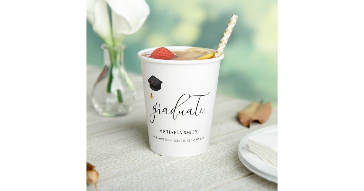 Elegant Black Graduation Cap Script Graduate Paper Cups | Zazzle
