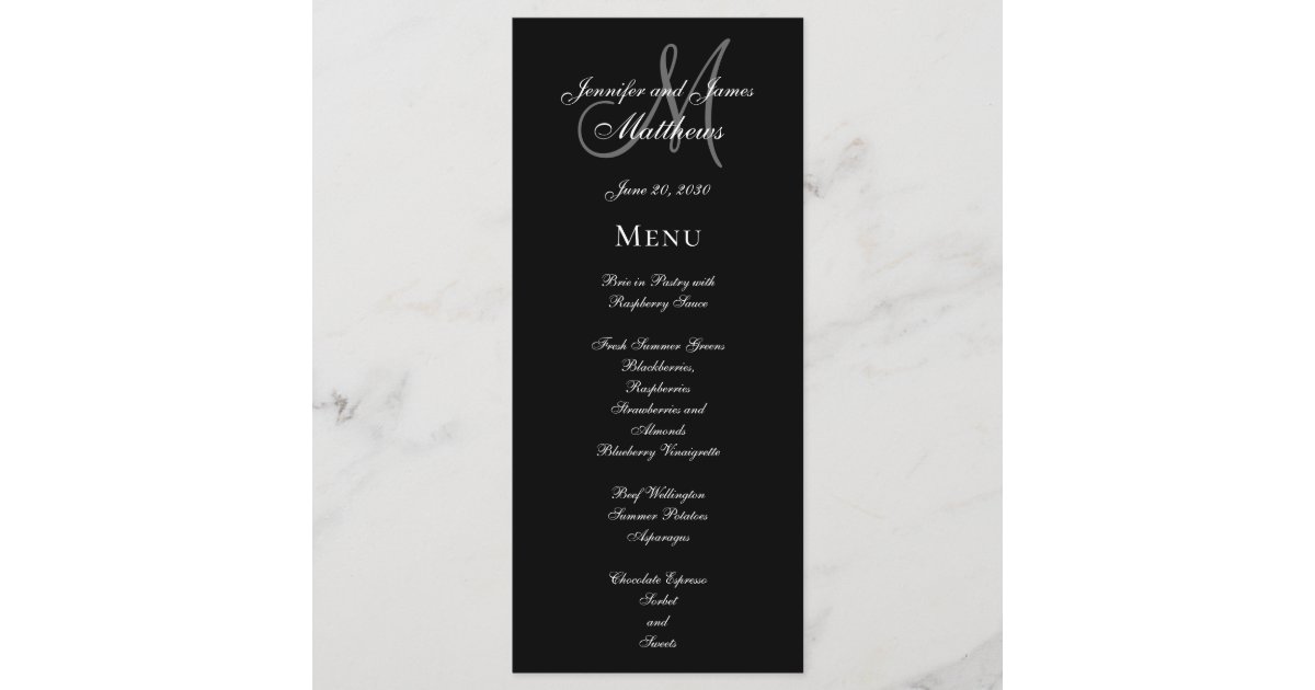 Elegant Black Grey Monogram Script Wedding Menu | Zazzle