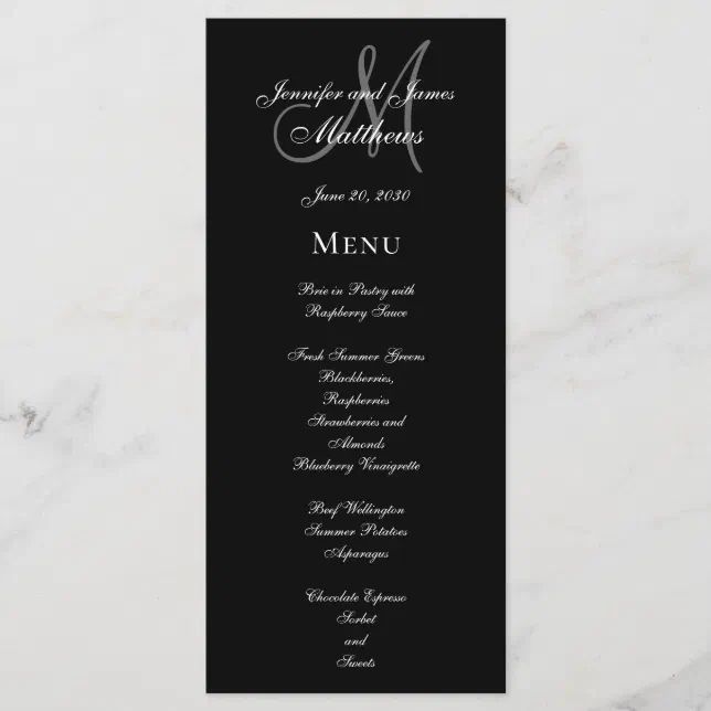 Elegant Black Grey Monogram Script Wedding Menu | Zazzle