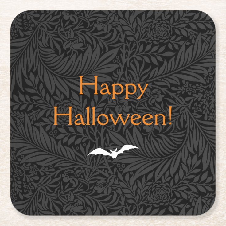 Elegant Black Halloween Floral Square Paper Coaster | Zazzle