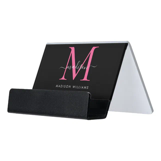 Elegant Black Hot Pink Girly Monogram Script Name Desk Business Card ...