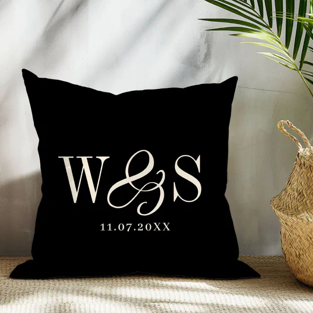 Elegant black initial wedding couples throw pillow | Zazzle