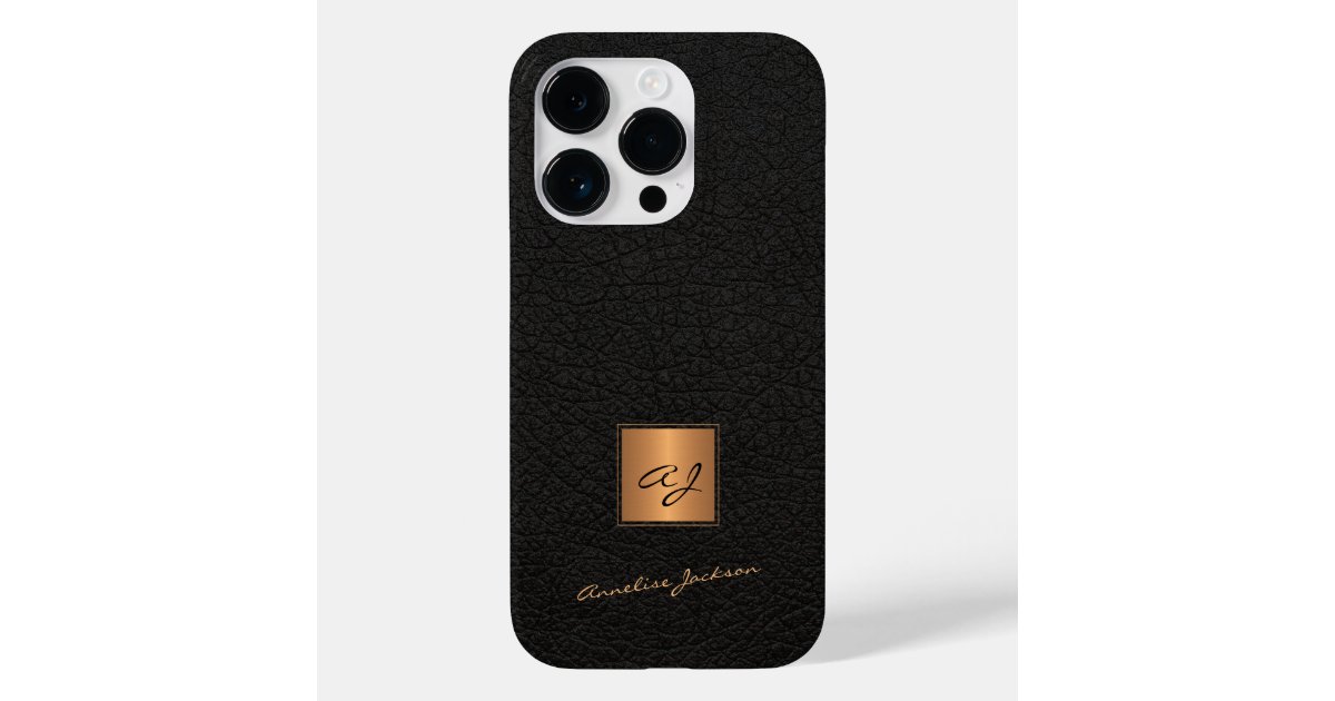 Elegant black leather gold monogrammed script name Case-Mate iPhone ...