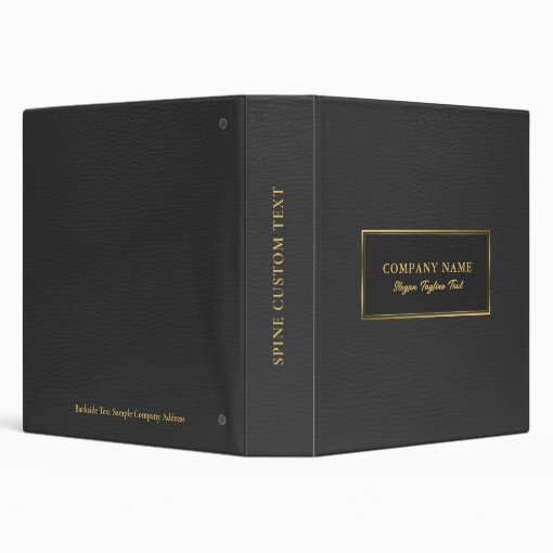 Elegant Black Leather Texture Gold Text Frame 3 Ring Binder | Zazzle