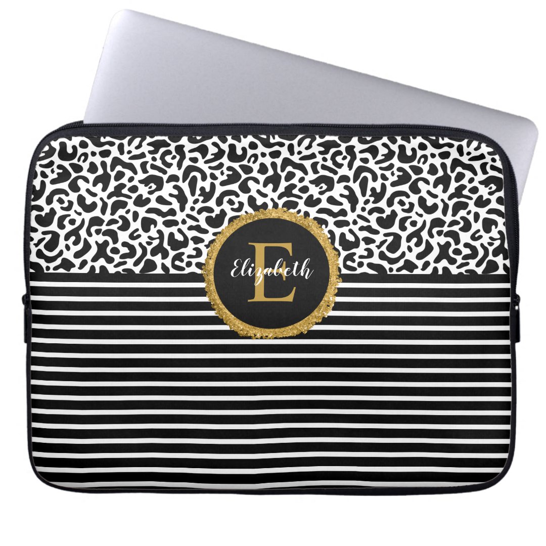 Elegant Black Leopard Monogram Laptop Sleeve | Zazzle