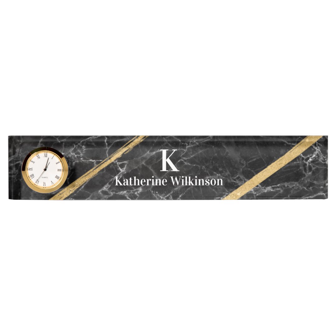 Elegant Black Marble Gold Monogram Desk Name Plate | Zazzle