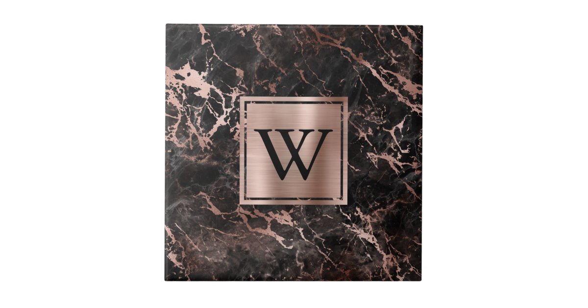 Elegant Black Marble Rose Gold Monogram Ceramic Tile | Zazzle