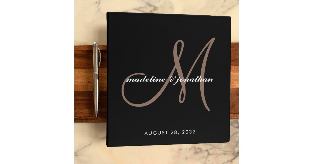 Elegant Black Mocha Script Monogram Wedding Album 3 Ring Binder | Zazzle