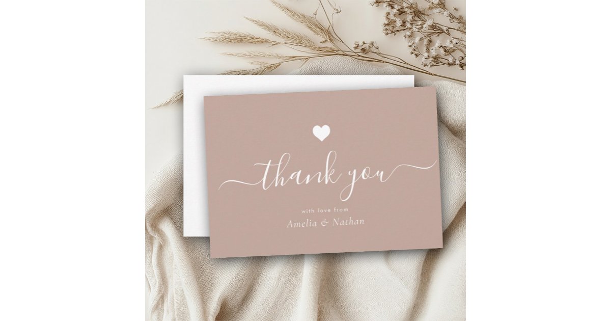 Elegant Black Modern Script Dark Rich Blush Heart Thank You Card | Zazzle